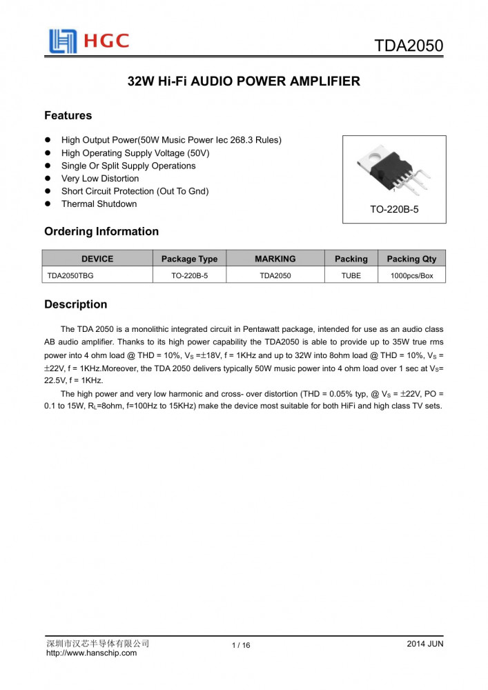 TDA2050TBG datasheet page 1