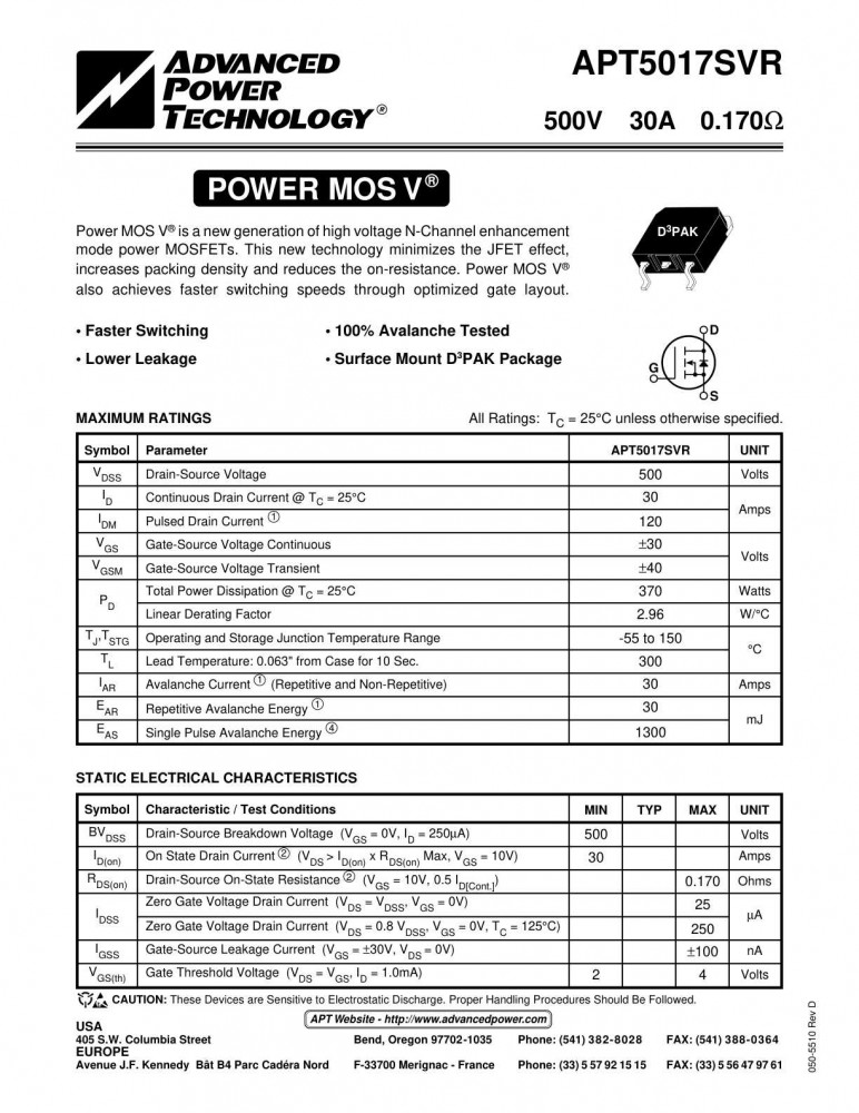 APT5017SVRG datasheet page 1