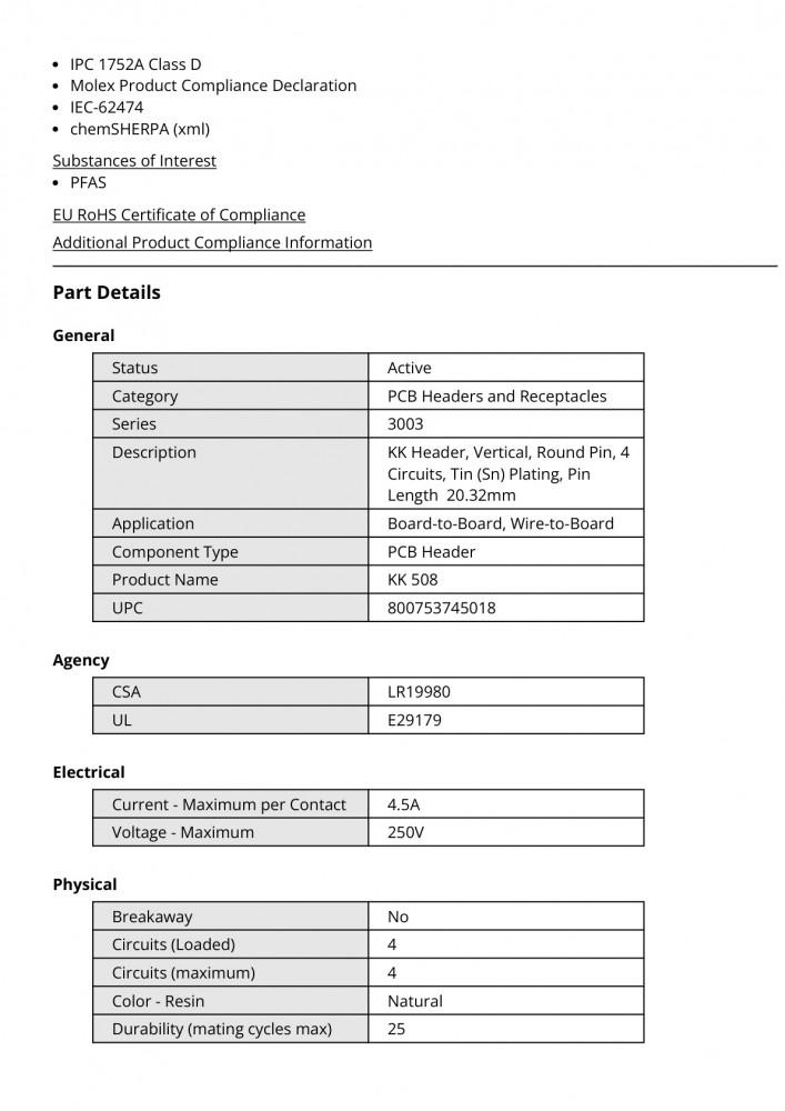 Molex KK 508 connector specification, page 2