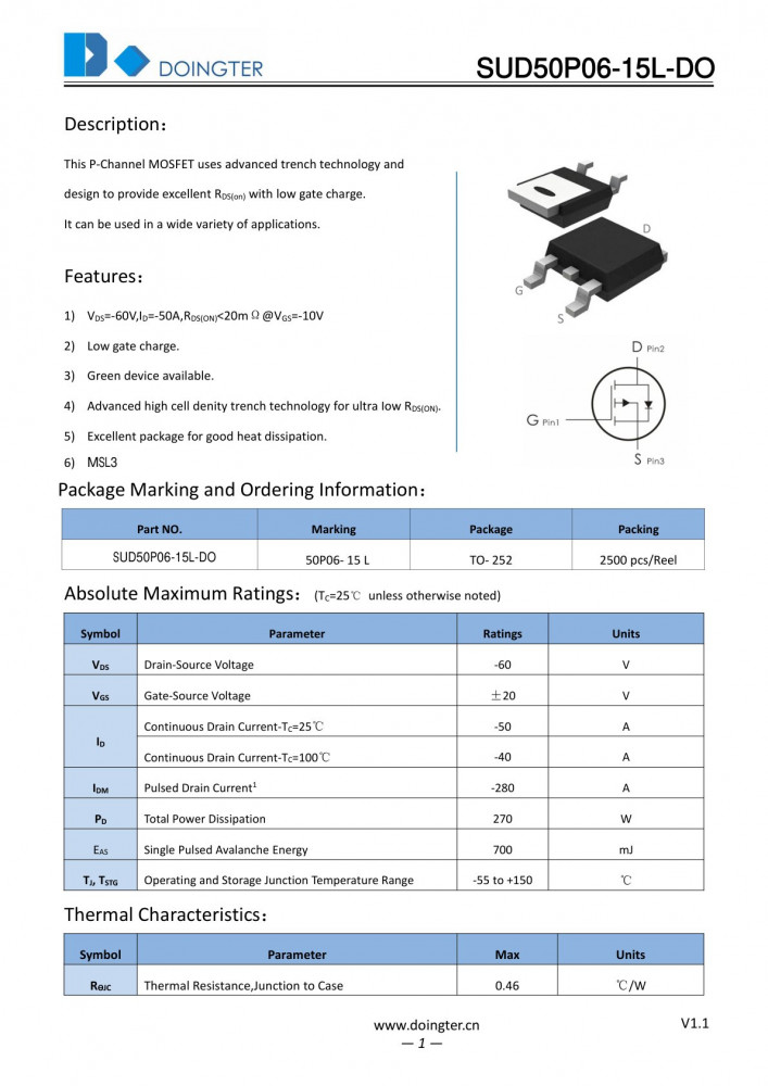 SUD50P06-15L-DO datasheet page 1
