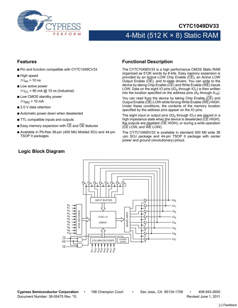 CY7C1049DV33 datasheet page 1