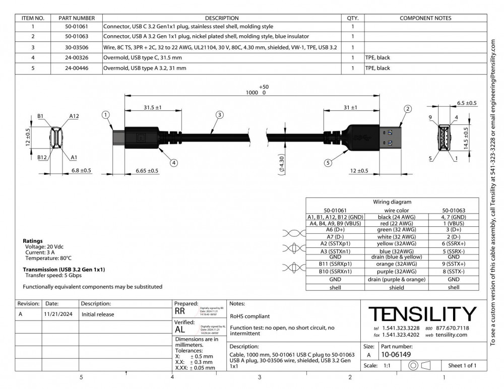 Tensility International 10-06149 cable assembly drawing
