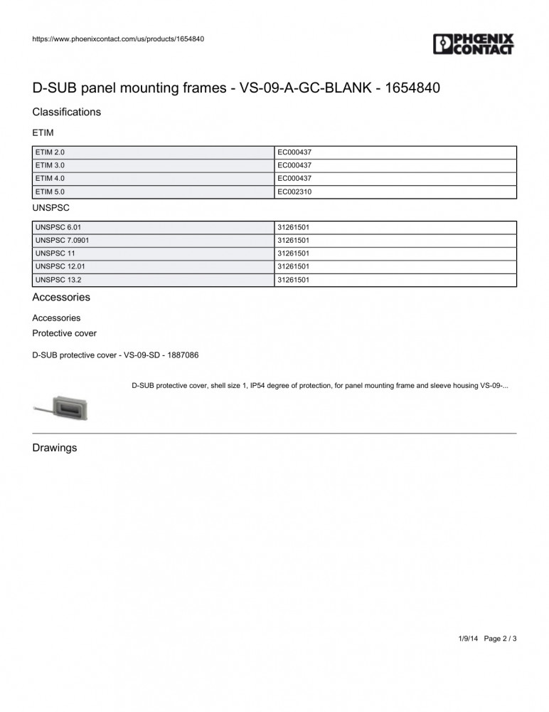 Phoenix Contact 1654840 D-SUB panel mounting frame drawing