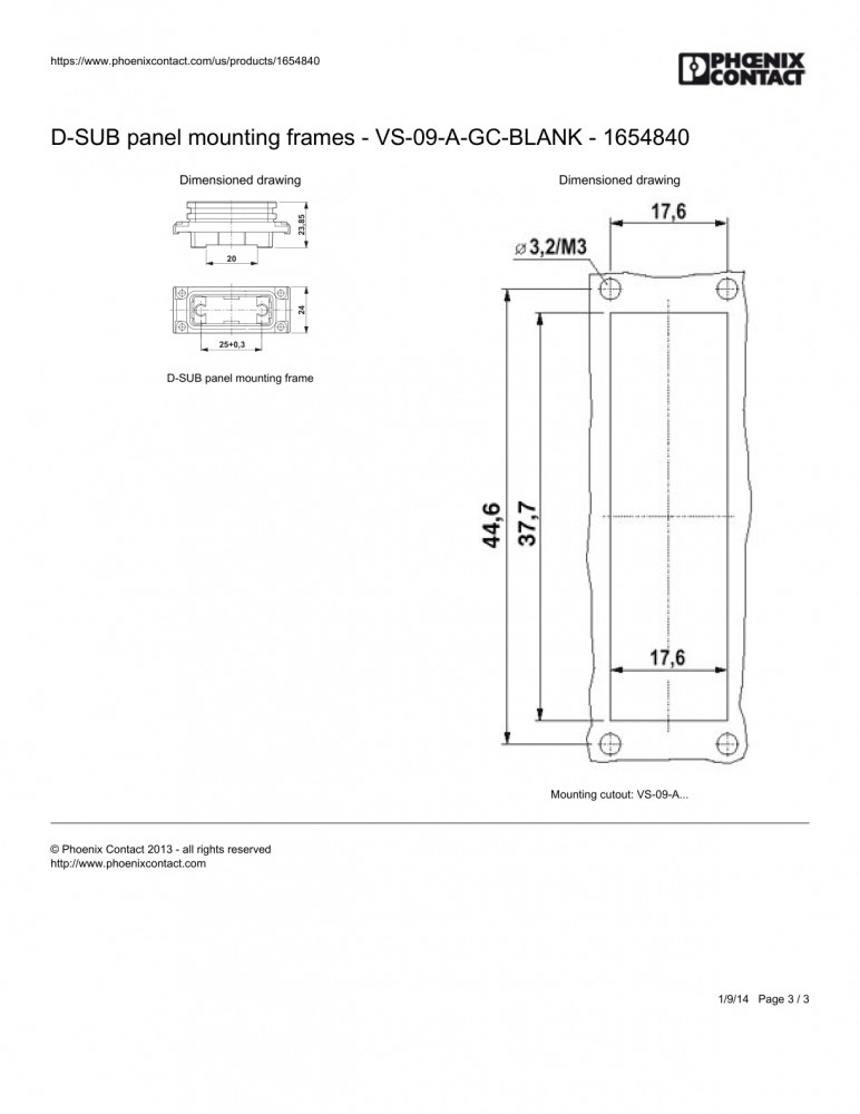 Phoenix Contact 1654840 mounting cutout drawing