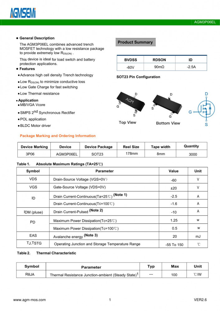 AGM3P06EL datasheet page 1