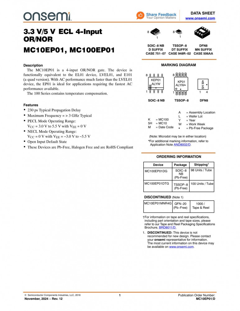 MC100EP01 datasheet page 1