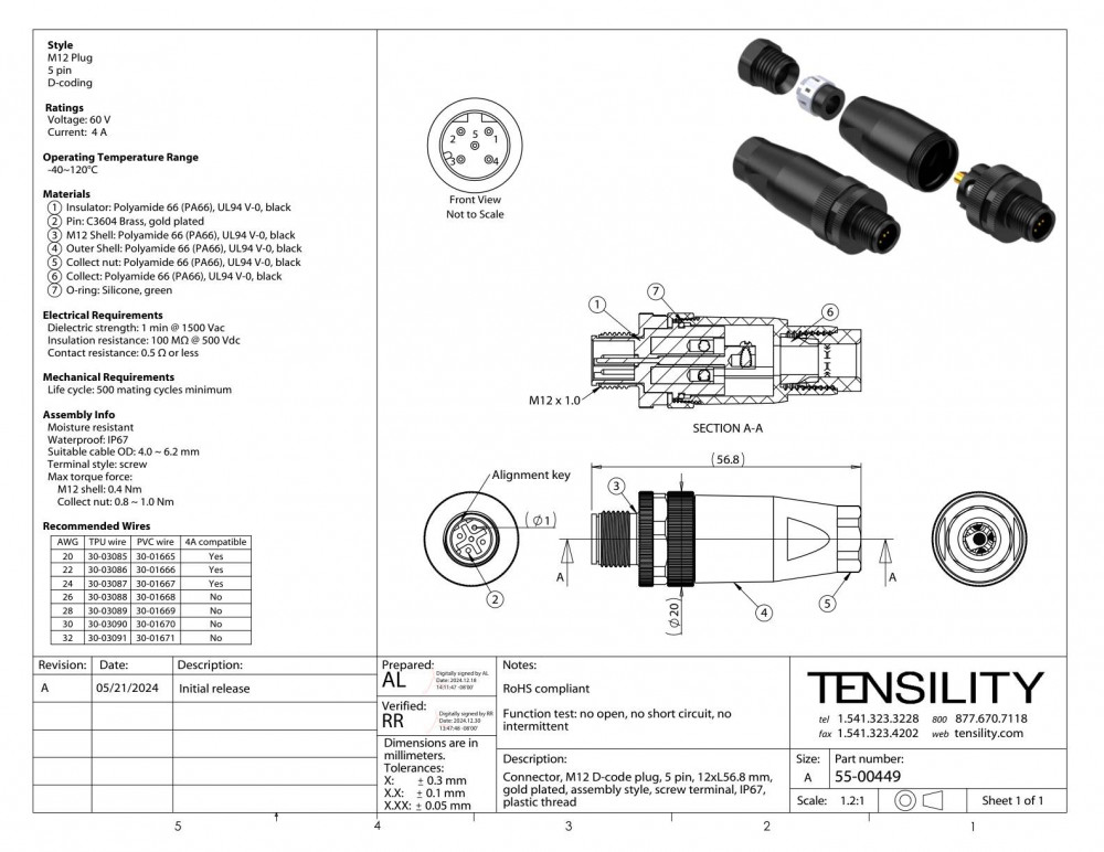 Tensility 55-00449 product drawing page showing the M12 D-coded five-pin plug connector
