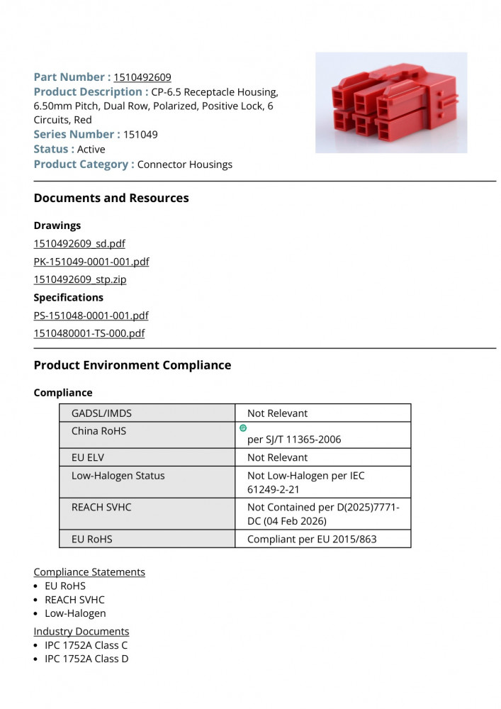 Molex CP 6.5 connector technical document, page 1