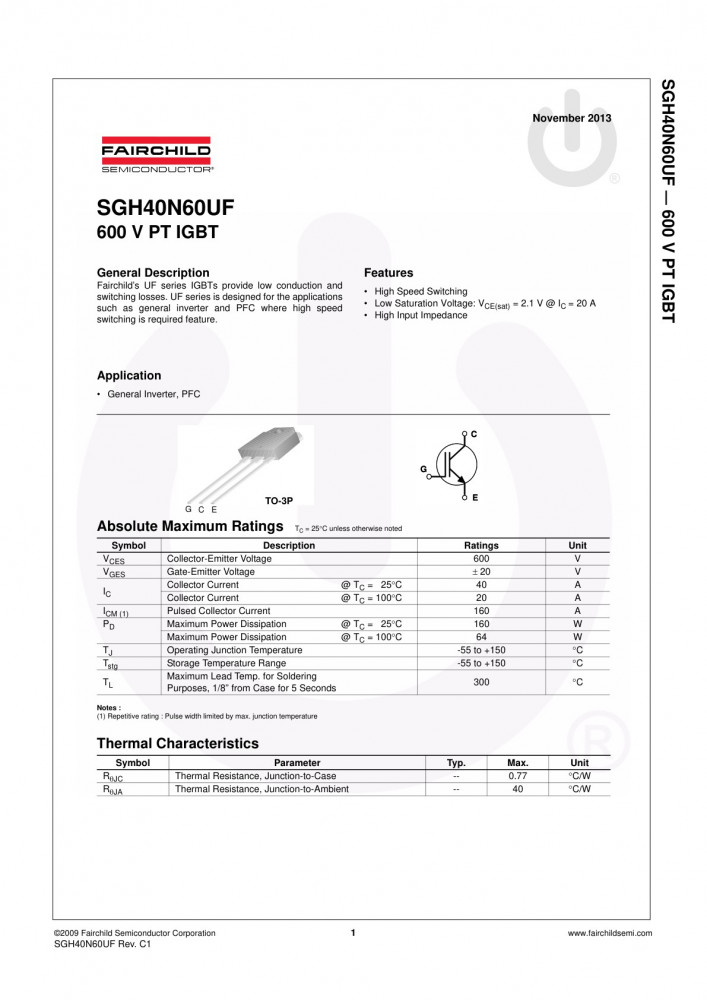 SGH40N60UF datasheet page 1