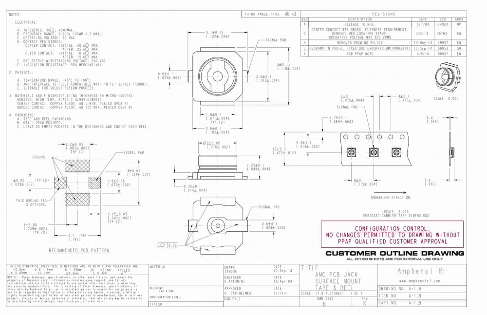 Amphenol A-1JB AMC PCB jack technical drawing