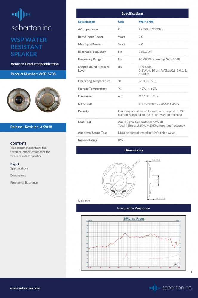 WSP-5708 water-resistant speaker specification sheet