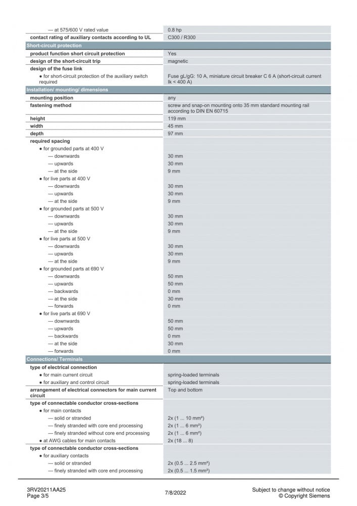 3RV20211AA25 datasheet page 3