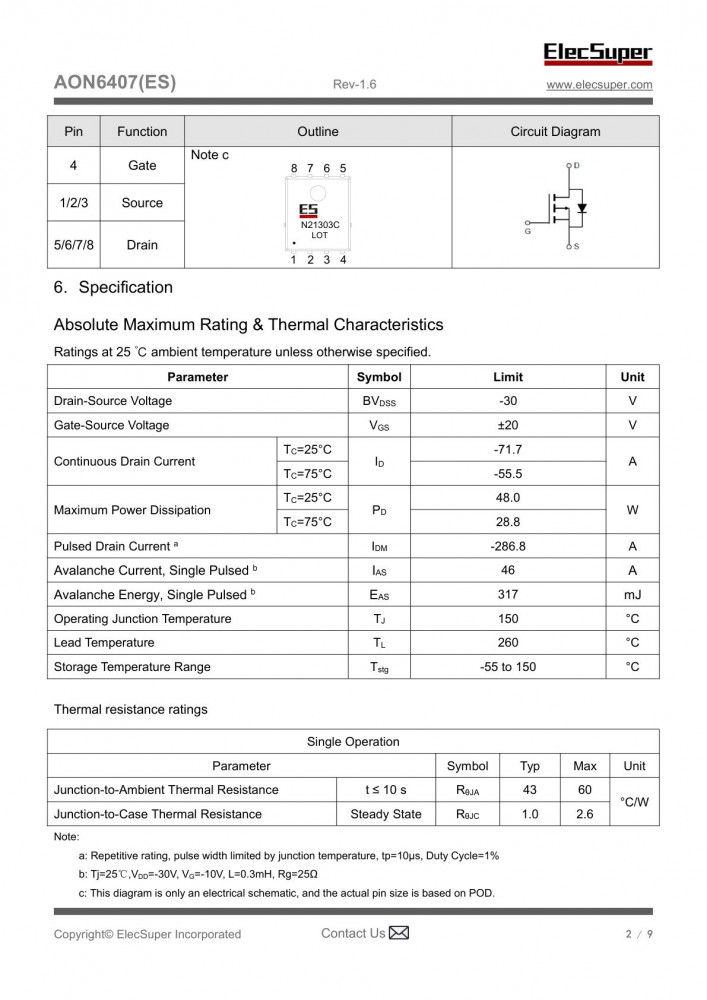 AON6407(ES) datasheet page 2