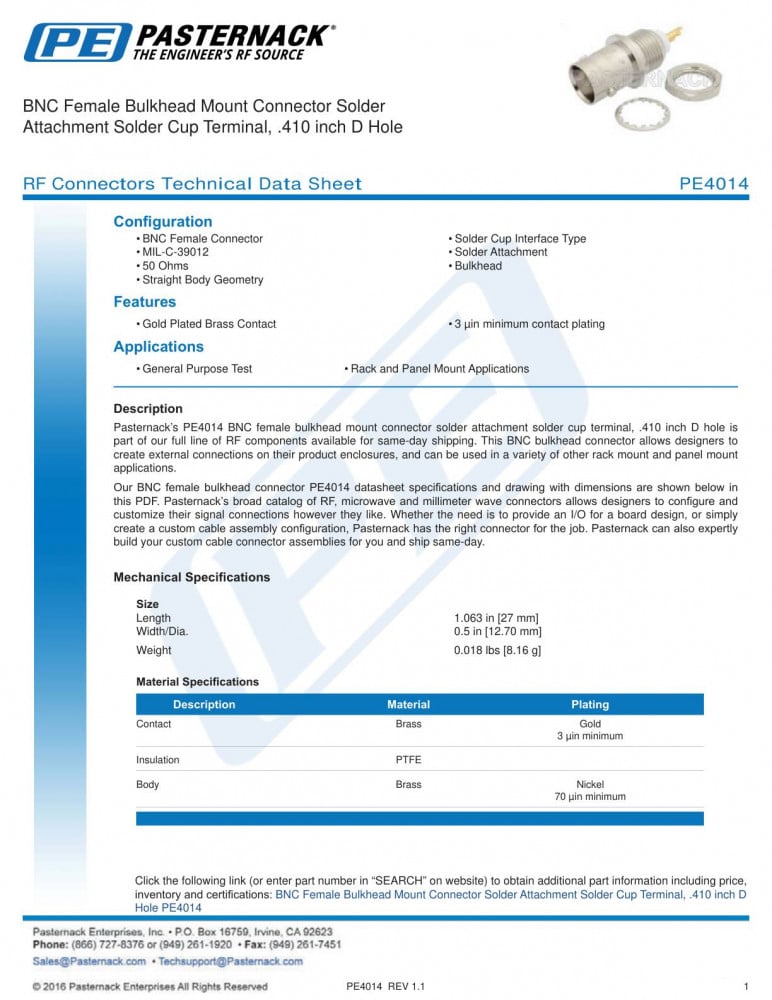 PASTERNACK PE4014 technical document page 1