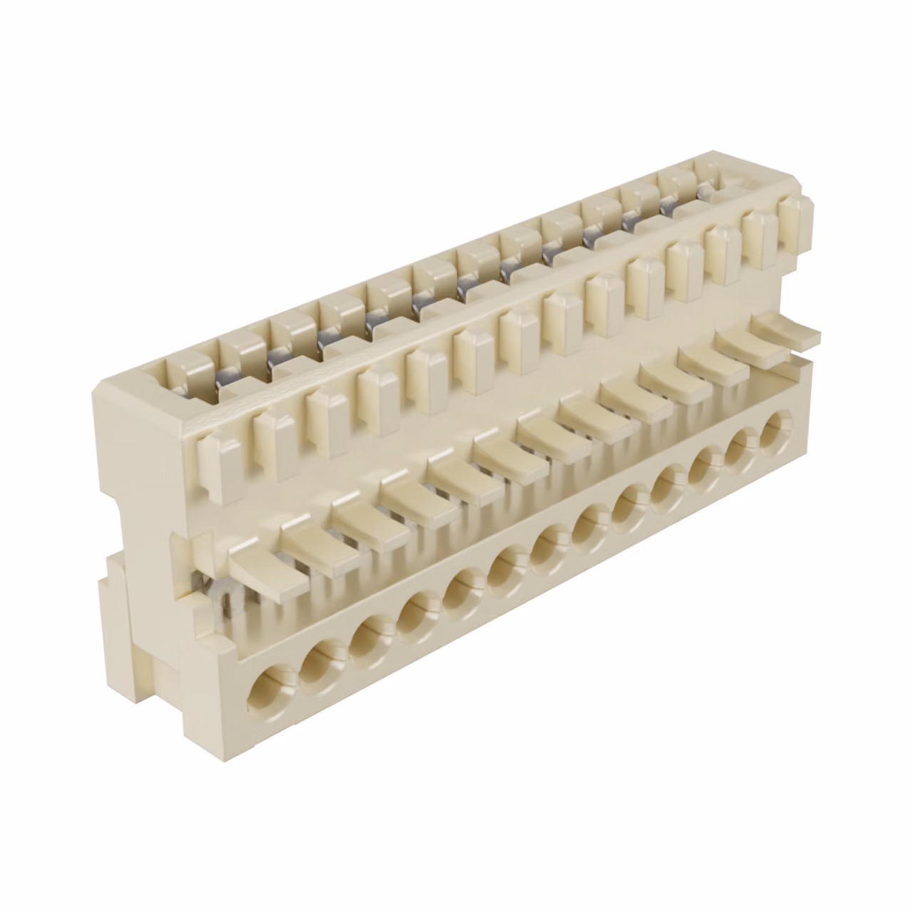 Appli-Mate RAST 2.5 Connector, 2.50mm Pitch, Female, 14 Circuits, Polarizing Rib Between 1/2, Locking Pips, Slotted Endwalls, Tin Plating