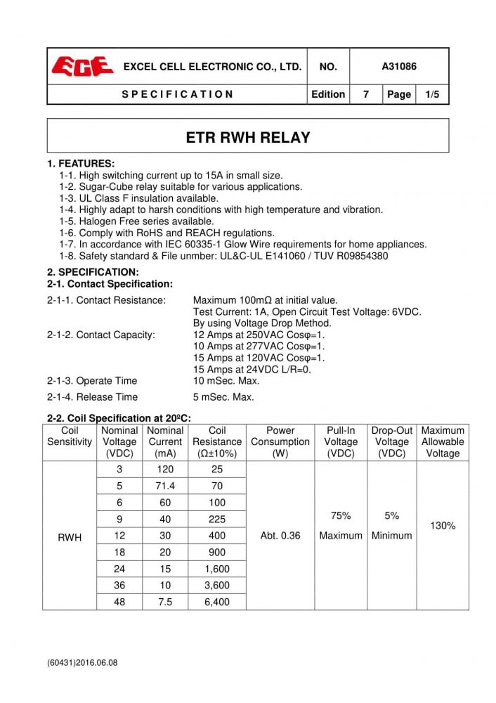 ECE ETR-RWH relay specification page 1