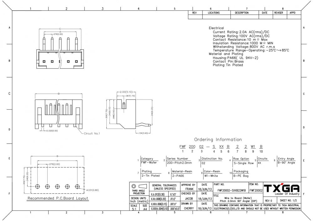 TXGA FWF20002 series technical drawing page 1
