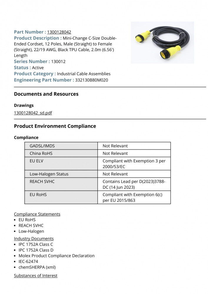 Molex M8 single-ended female straight cable assembly drawing, page 1