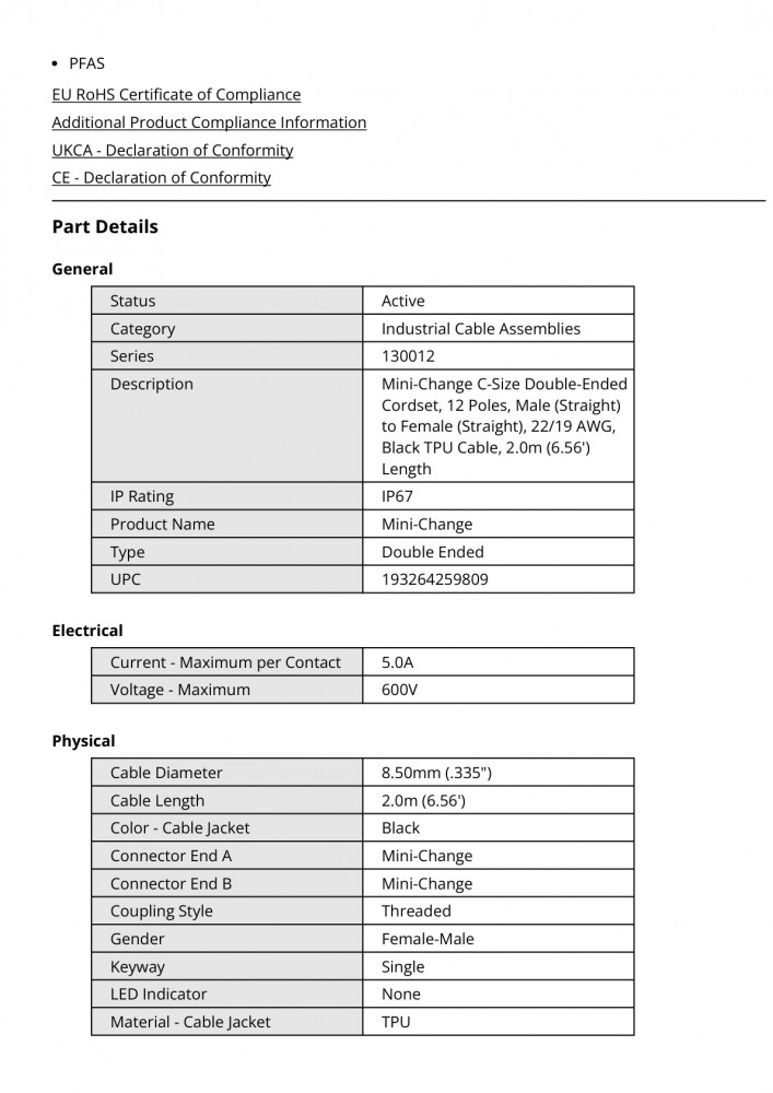 Molex M8 cable information and part-list drawing, page 2