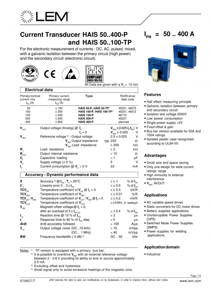 LEM HAIS 150-P datasheet page 1