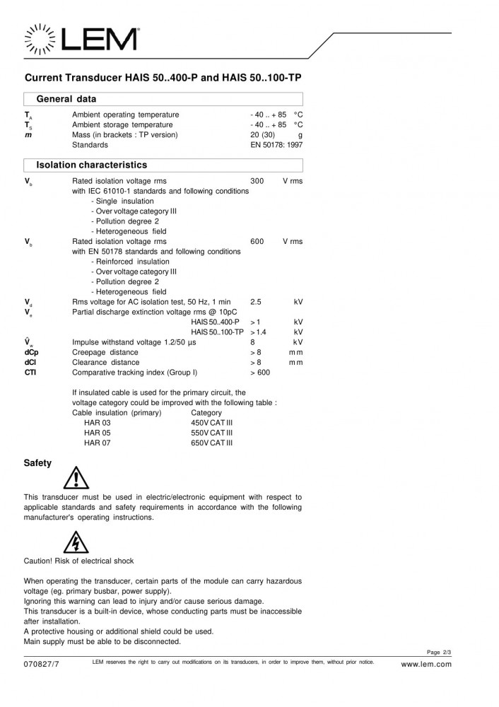 LEM HAIS 150-P datasheet page 2