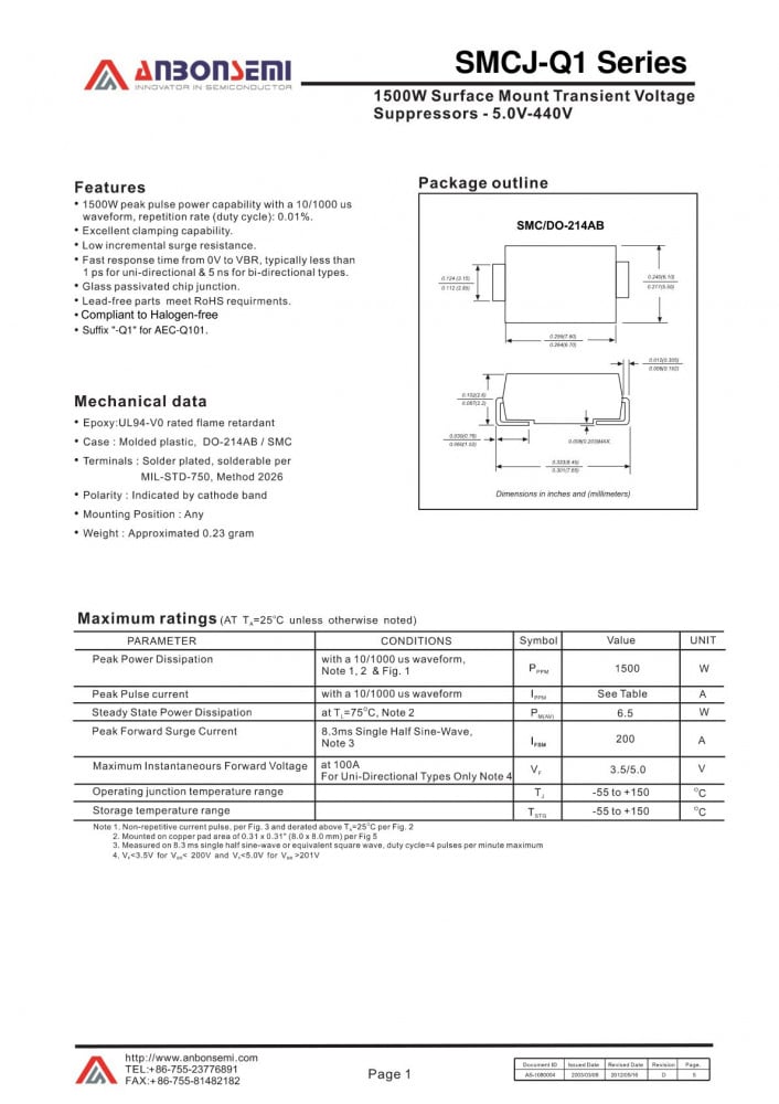 SMCJ26CA-Q1 datasheet page 1