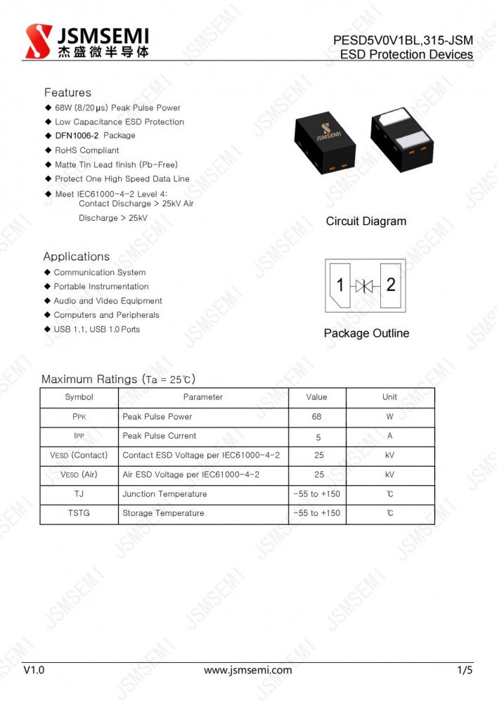 PESD5V0V1BL,315-JSM datasheet page 1