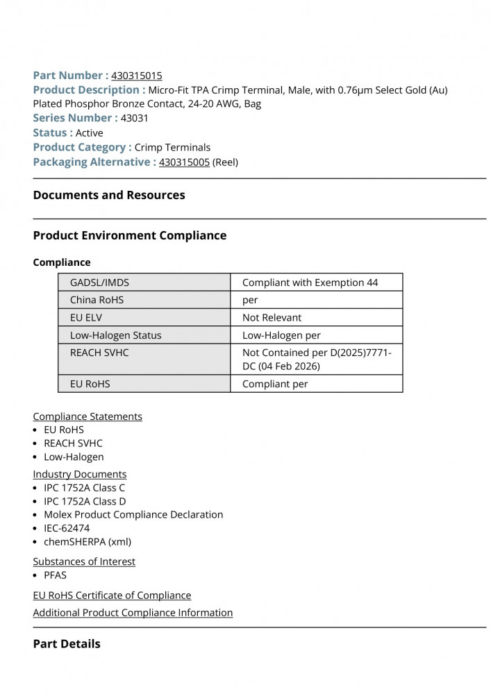 Product document image 1 for Molex 430315015