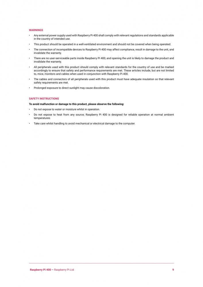 Raspberry Pi 400 technical document page 9