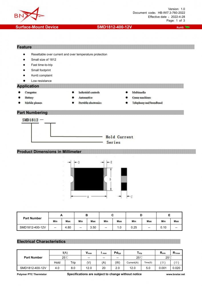 BNstar SMD1812-400-12V datasheet page 1