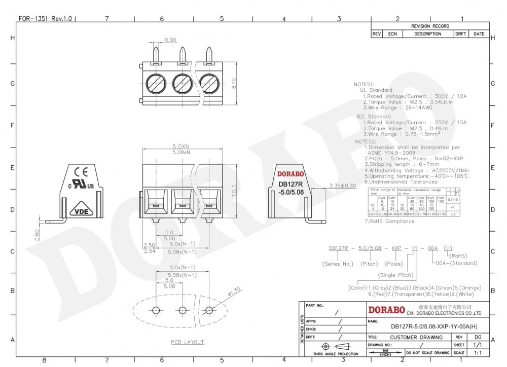 DORABO DB127R-5.08-3P-GN-S technical document preview