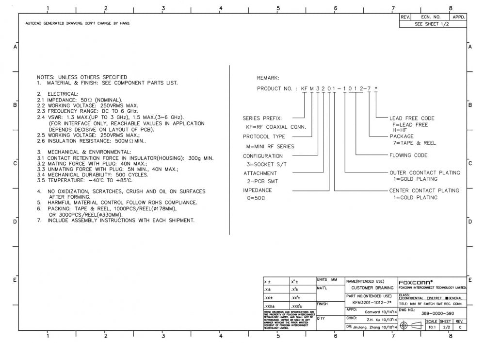 FOXCONN KFM3201-1012-7F customer drawing sheet 2