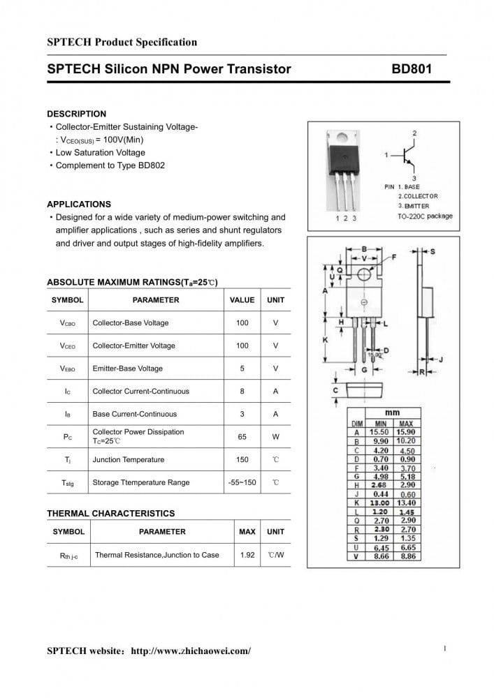 SPTECH BD801 datasheet page 1