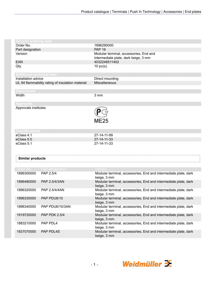 WEIDMULLER 1896290000 technical document preview