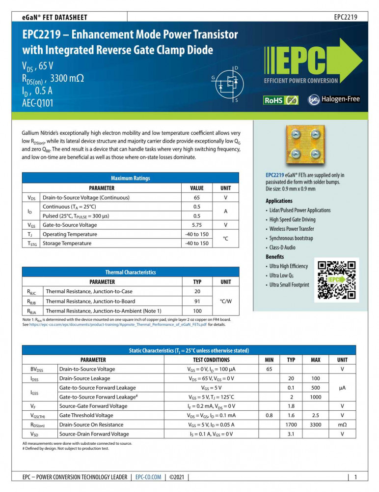 EPC2219 datasheet page 1