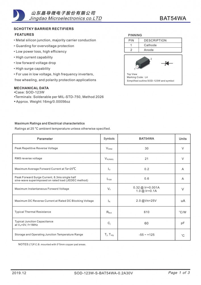 BAT54WA datasheet page 1