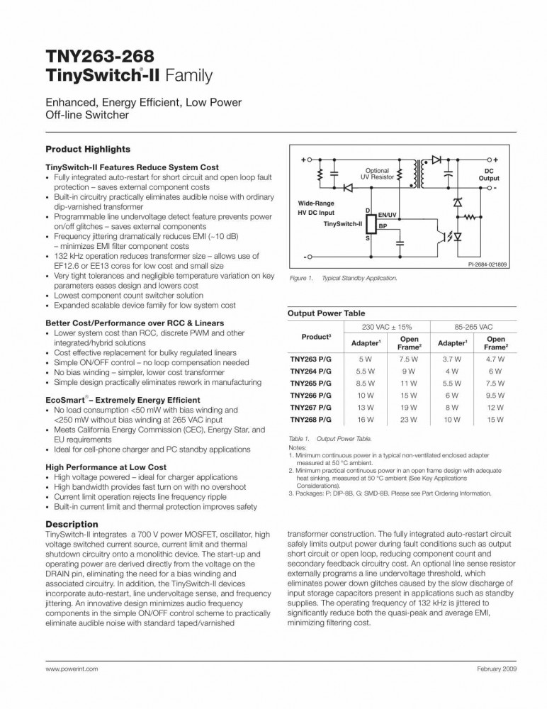 TNY265PG datasheet page 1