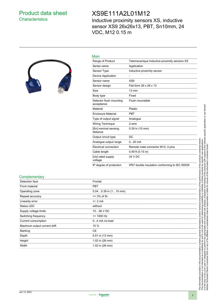 XS9E111A2L01M12 technical document page 1