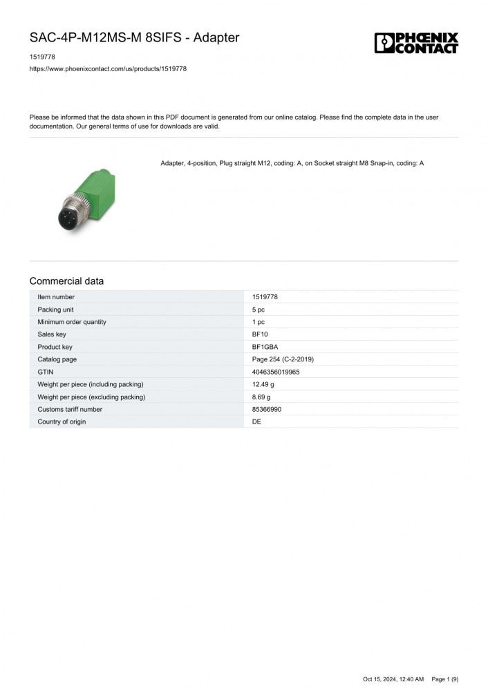 Phoenix Contact 1519778 product document page 1