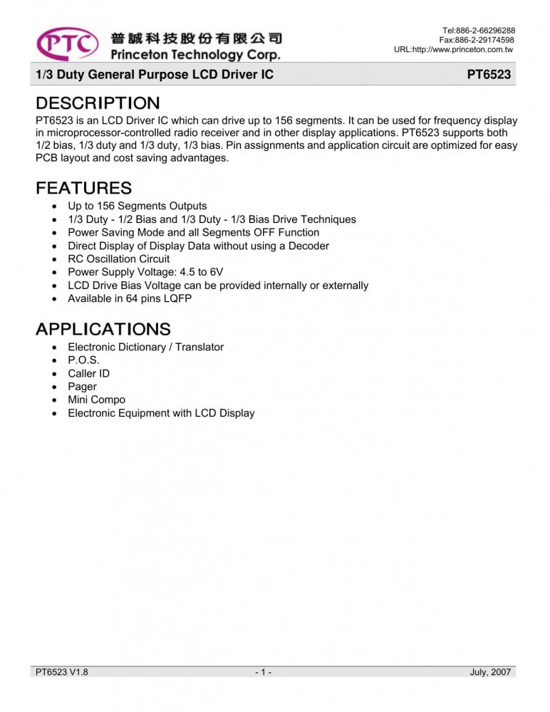 PT6523HQ datasheet page 1