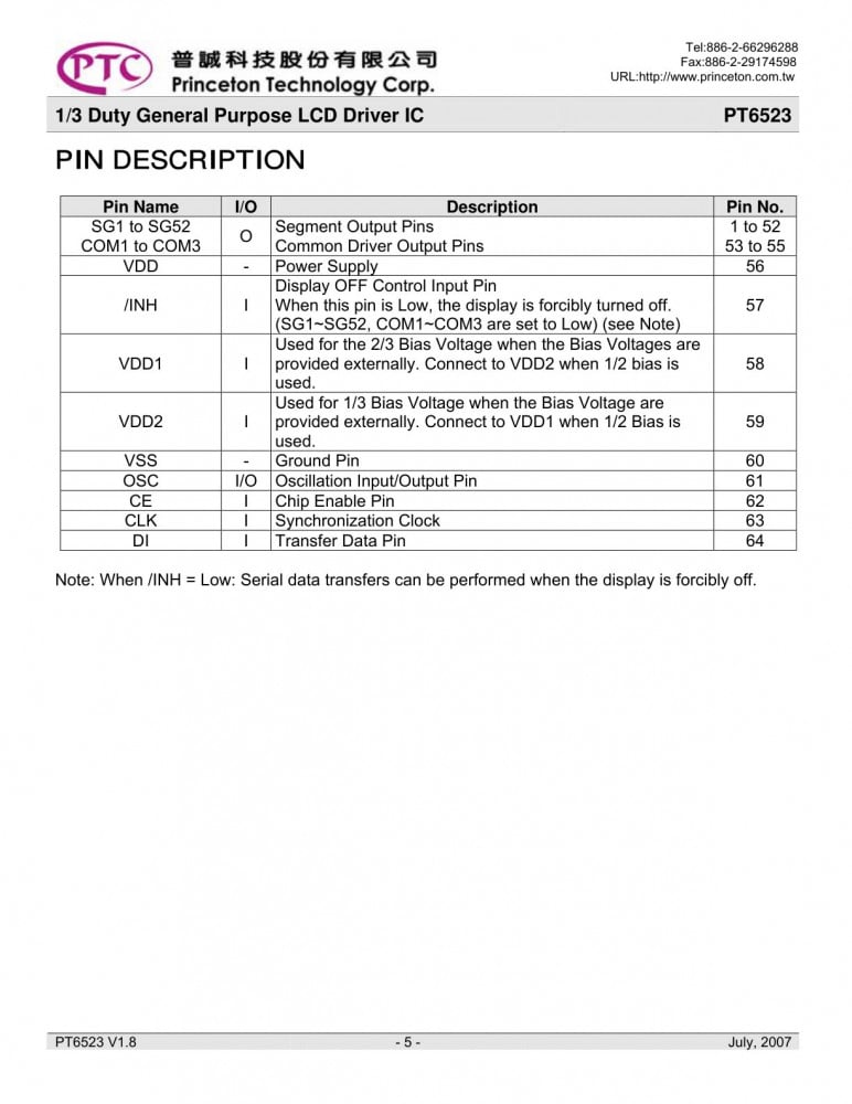 PT6523HQ datasheet page 5