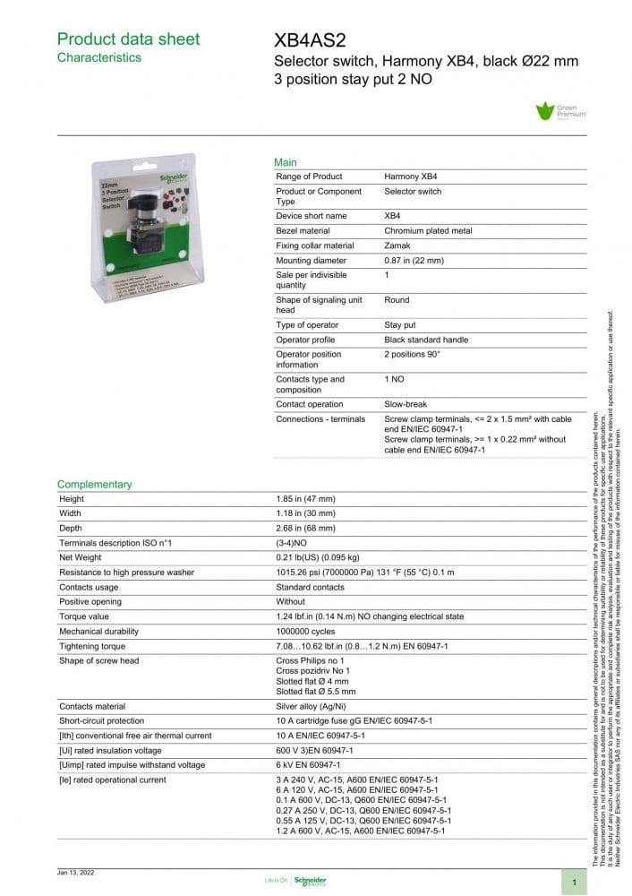 XB4AS2 technical document page 1