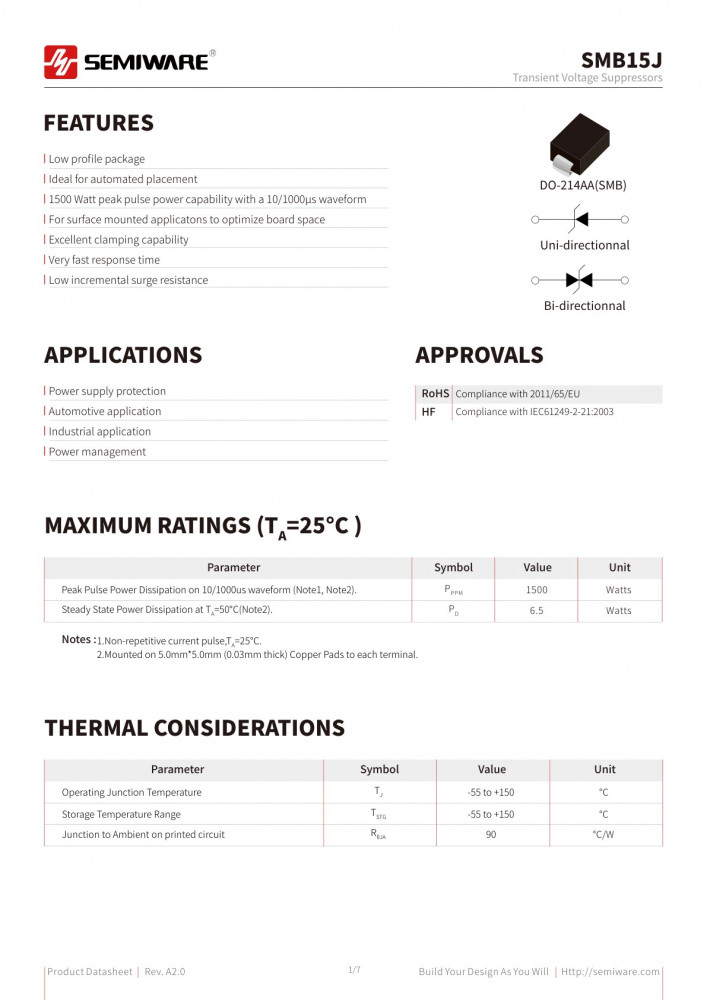 SMB15J51A technical document page 1