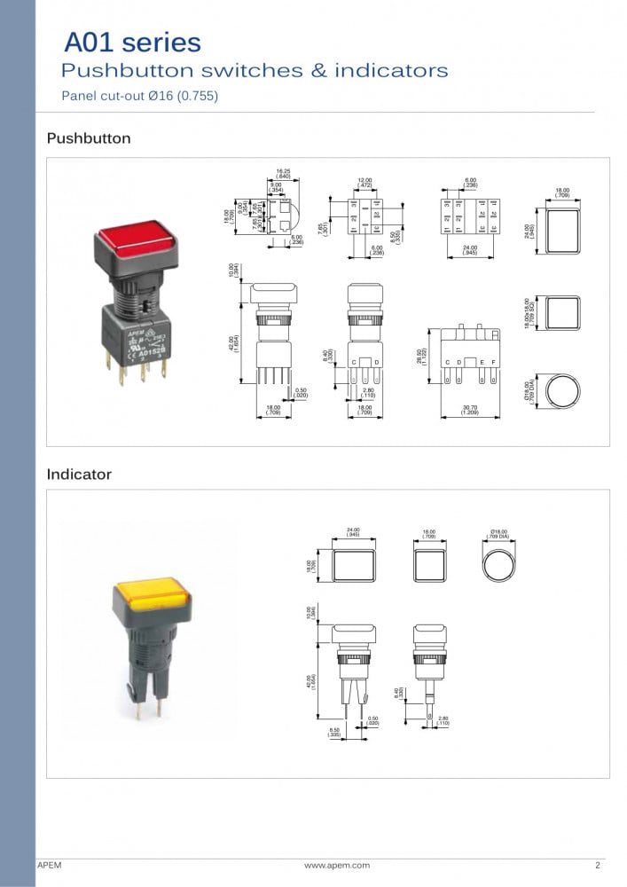 APEM A01 series documentation page 2