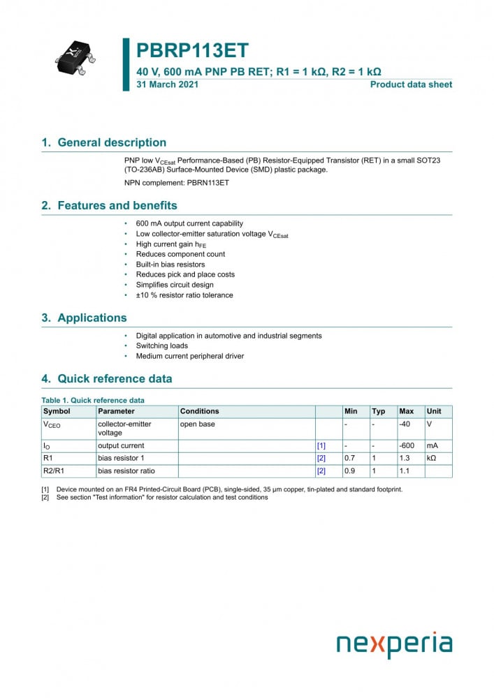 PBRP113ET datasheet page 1