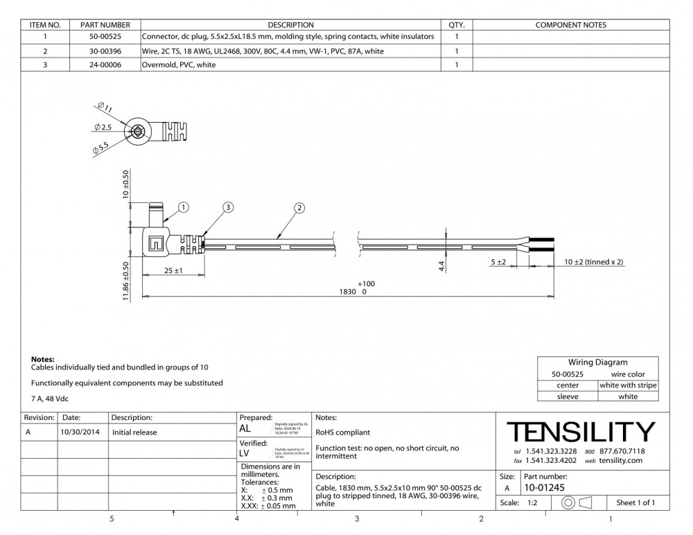 Tensility International 10-01245 cable assembly drawing