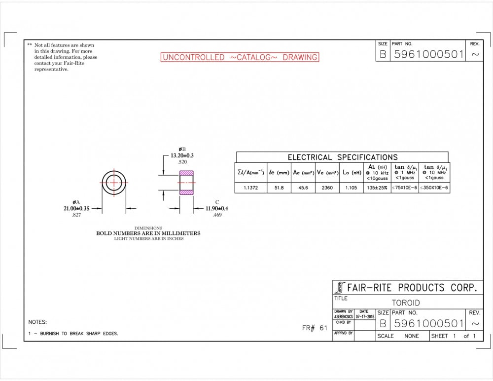 Fair-Rite 5961000501 technical document page