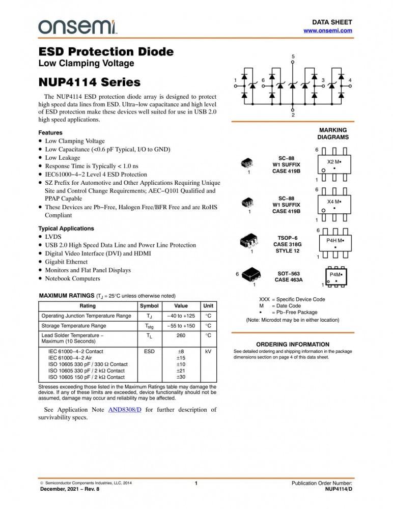 SZNUP4114UCLW1T2G datasheet page 1