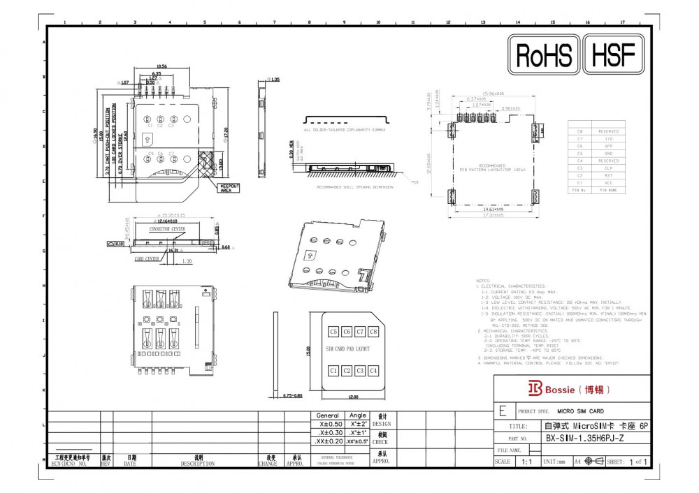 Bossie BX-SIM-1.35H6PJ-Z Micro SIM card socket specification drawing