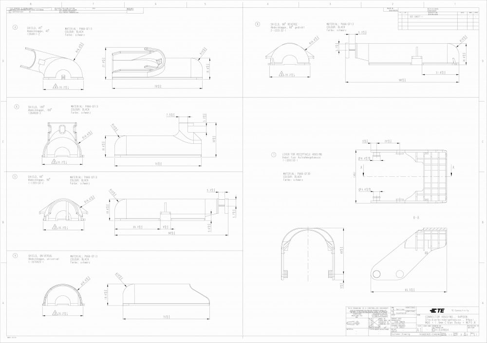 TE Connectivity drawing page 3 showing lever item
